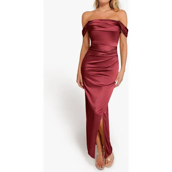 POPILUSH Liquid Metallic Off Shoulder Maxi Shapewear Dress - Wine