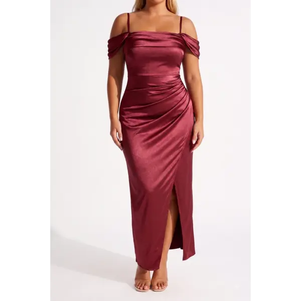 POPILUSH Liquid Metallic Fabric Off Shoulder Shine Ruched Sculpting Maxi Shapewear Dress - Wine