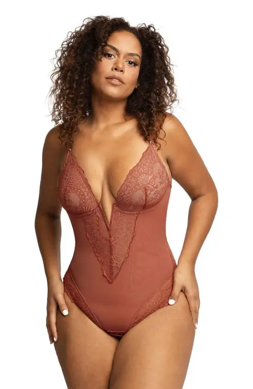 POPILUSH Lace Deep V-neck Thong Bodysuit - Chocolate