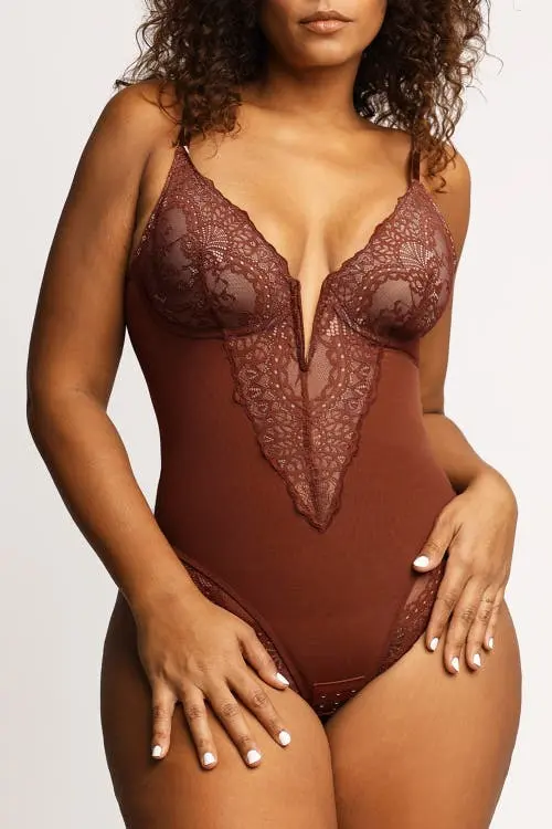 POPILUSH Lace Deep V-neck Thong Bodysuit - Chocolate