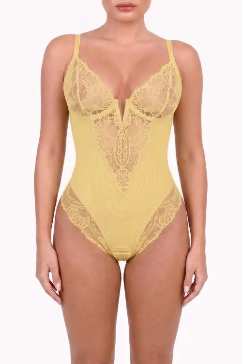 POPILUSH Lace Deep V-neck Thong Bodysuit - Corn