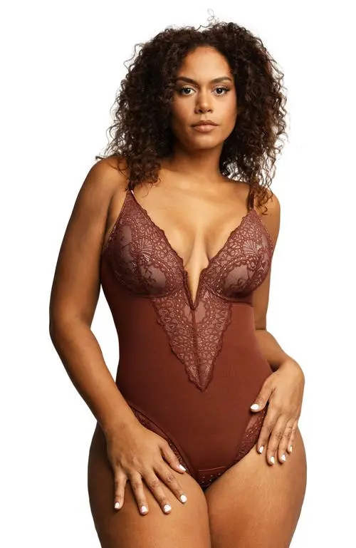 POPILUSH Lace Deep V-neck Thong Bodysuit - Deep Coffee