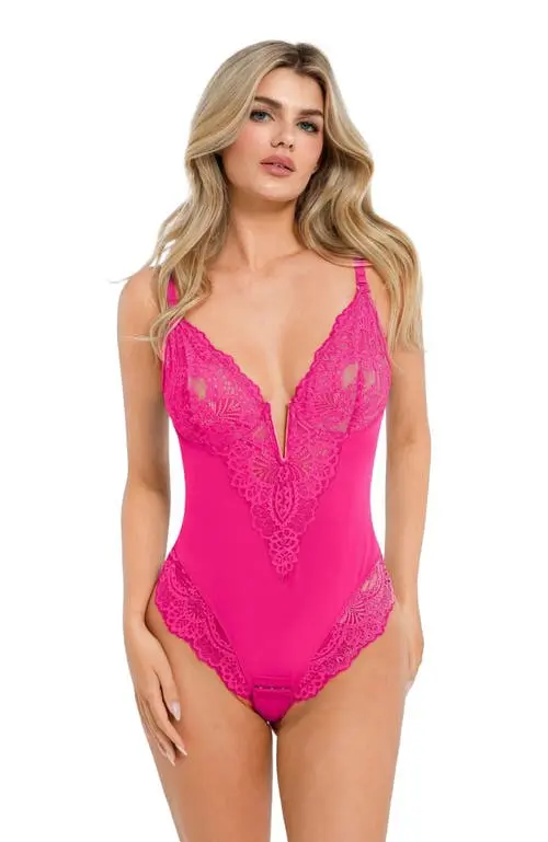 POPILUSH Lace Deep V-neck Thong Bodysuit - Hot Pink