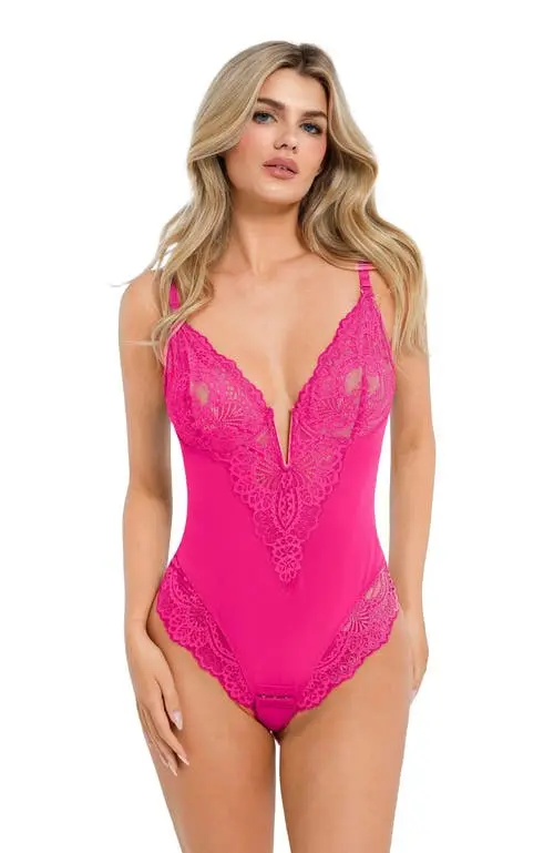 POPILUSH Lace Deep V-neck Thong Bodysuit - Hot Pink