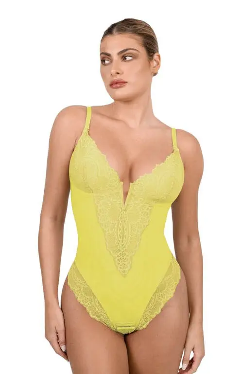 POPILUSH Lace Deep V-neck Thong Bodysuit - Lemon