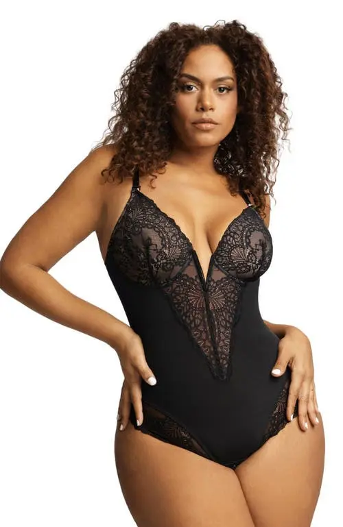 POPILUSH Lace Deep V-neck Thong Bodysuit - Midnight Black