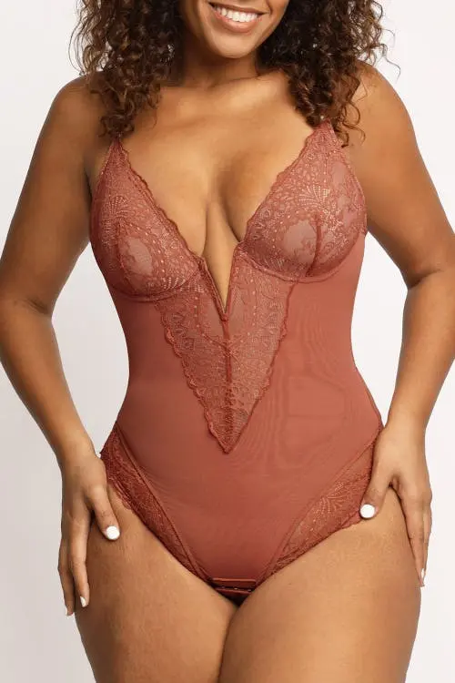 POPILUSH Lace Deep V-neck Thong Bodysuit - Terracotta