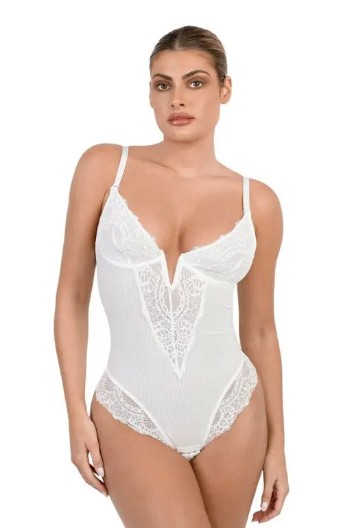 POPILUSH Lace Deep V-neck Thong Bodysuit - White