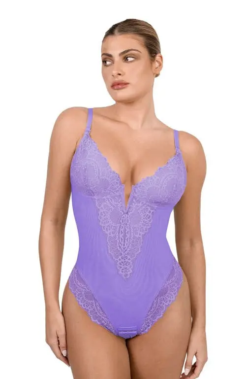 POPILUSH Lace Deep V-neck Thong Bodysuit - Wisteria