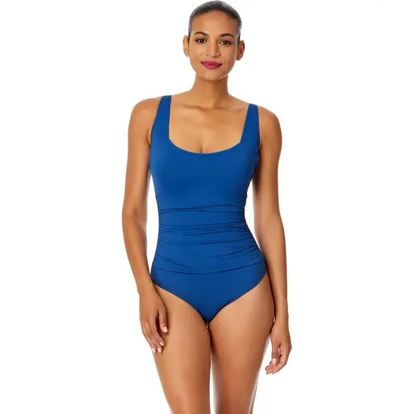 ANNE COLE Square Neck Shirred One Piece Swimsuit - Slate Blue