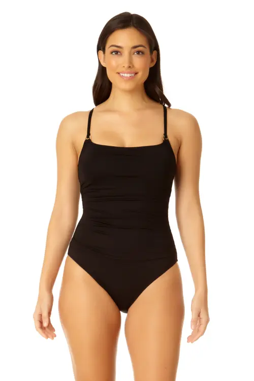 ANNE COLE Shirred Lingerie Maillot One Piece - Black
