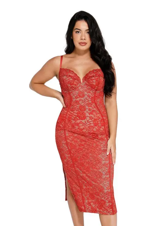 POPILUSH Shapewear All-lace Hourglass Corset Side Slit Midi Dress - Bright Red