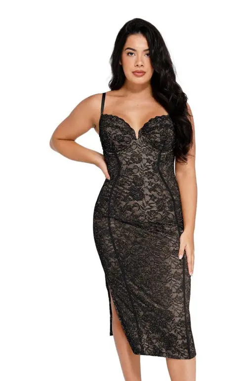 POPILUSH Shapewear All-lace Hourglass Corset Side Slit Midi Dress - Midnight Black