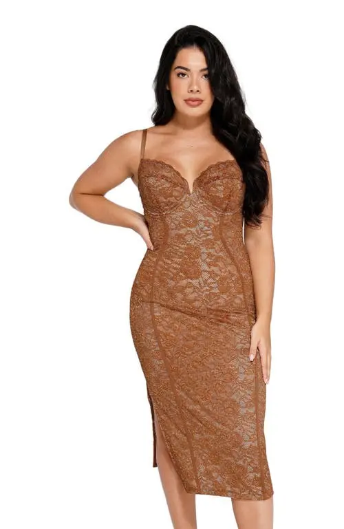 POPILUSH Shapewear All-lace Hourglass Corset Side Slit Midi Dress - Toffee