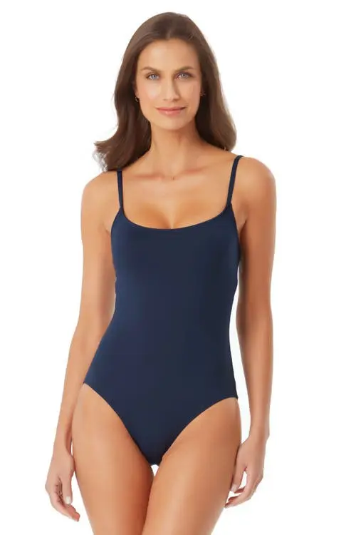 ANNE COLE Classic Lingerie Maillot One Piece Swimsuit - Navy