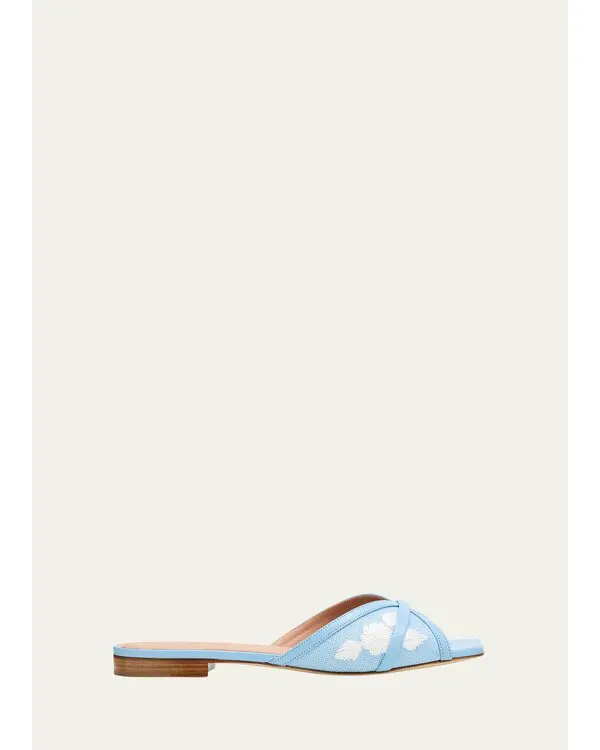 MALONE SOULIERS Perla Raffia Leather Flat Slide Sandals - Blue/white