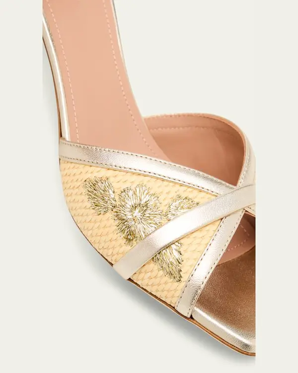 MALONE SOULIERS Perla Raffia Metallic Stiletto Slide Sandals - Beige