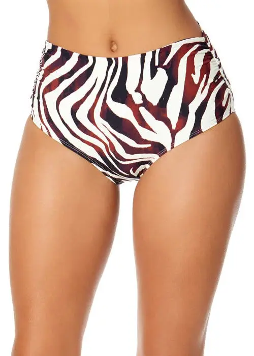 ANNE COLE Tiger Dance Fold Over High Waist Shirred Bikini Bottom - Multicolored
