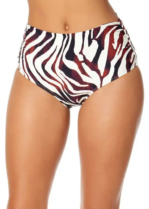 ANNE COLE Tiger Dance Fold Over High Waist Shirred Bikini Bottom - Multicolored
