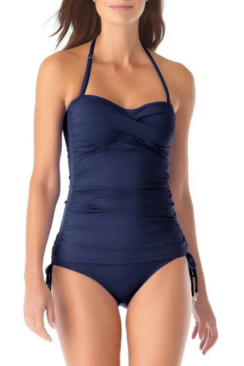 ANNE COLE Twist Front Bandeaukini Swim Top - Navy