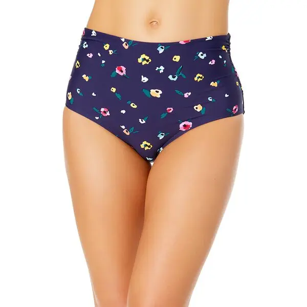 ANNE COLE Gradient Floral Fold Over High Waist Shirred Bikini Bottom - Multicolored