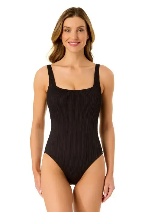 ANNE COLE Textured Square Neck One Piece Swimsuit - Black