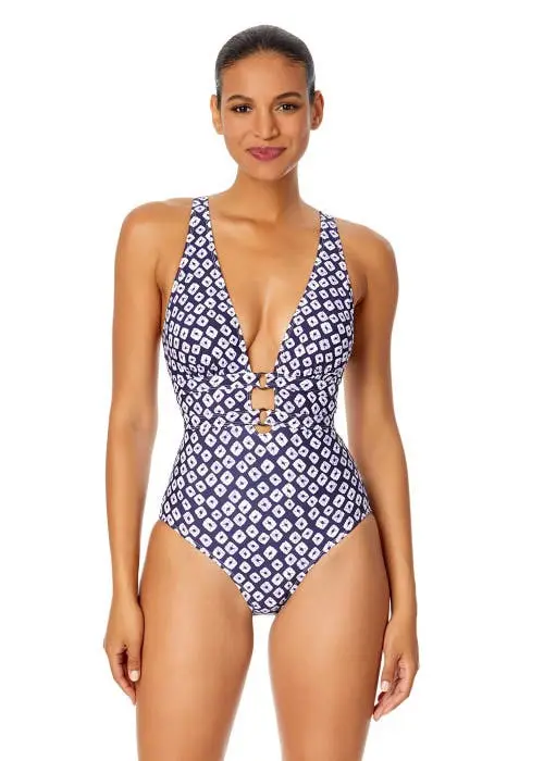 ANNE COLE Shibori Geo Double Ring Plunge One Piece Swimsuit - Shibori Geo Blue
