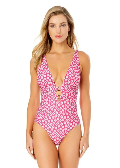 ANNE COLE Shibori Geo Double Ring Plunge One Piece Swimsuit - Shibori Geo Pink
