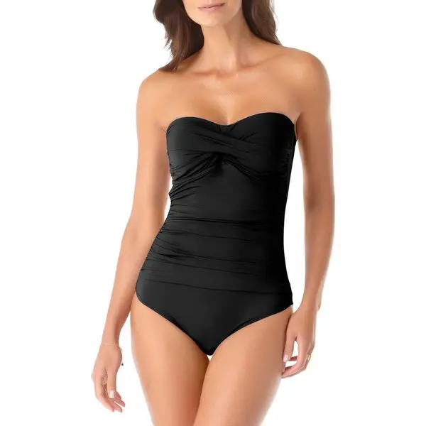 ANNE COLE Twist Front Shirred One Piece Swimsuit - Black