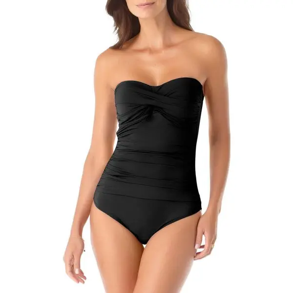 ANNE COLE Twist Front Shirred One Piece Swimsuit - Black