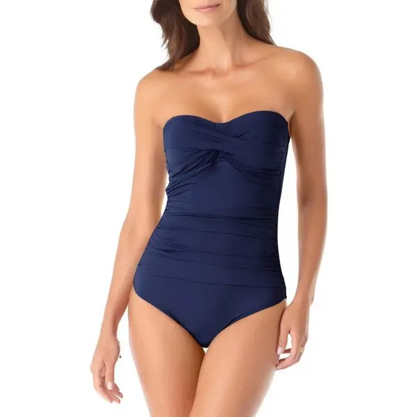 ANNE COLE Twist Front Shirred One Piece Swimsuit - Navy
