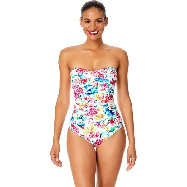 ANNE COLE Twist Front Shirred One Piece Swimsuit - Watercolor Paisley