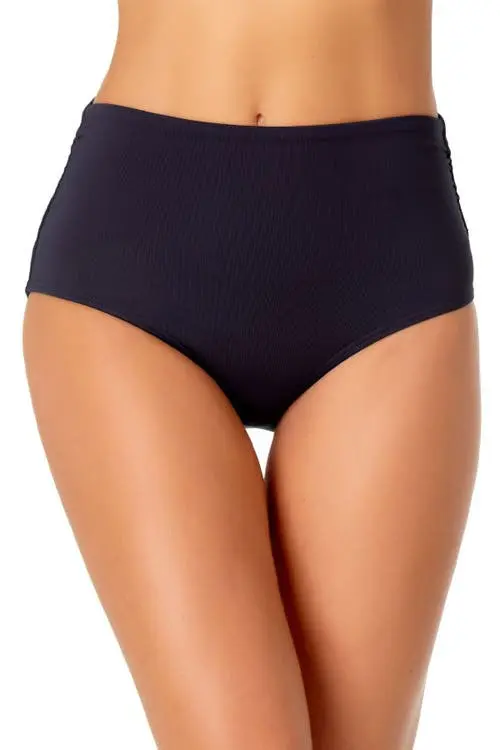 ANNE COLE Live In Color Convertible High Waist Shirred Swim Bottom - Navy