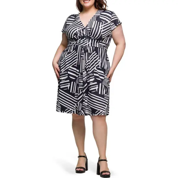 24SEVEN COMFORT APPAREL Stripe Geometric Print Dress - Black Multi