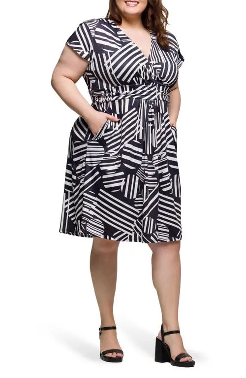 24SEVEN COMFORT APPAREL Stripe Geometric Print Dress - Black Multi