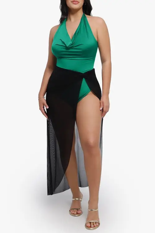 POPILUSH Shapewear Cowl Neck Halter Bodysuit - Leaf Green