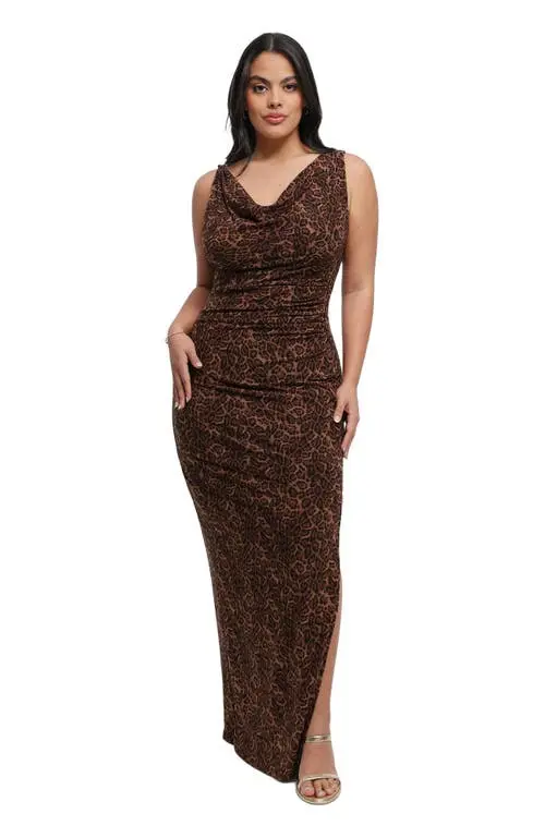 POPILUSH Shapewear Cowl Neck Leopard Maxi Dress