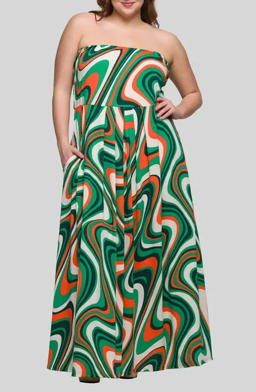 24SEVEN COMFORT APPAREL Print Strapless Maxi Dress - Green Multi