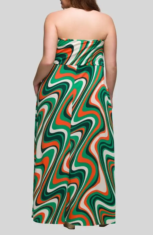 24SEVEN COMFORT APPAREL Print Strapless Maxi Dress - Green Multi