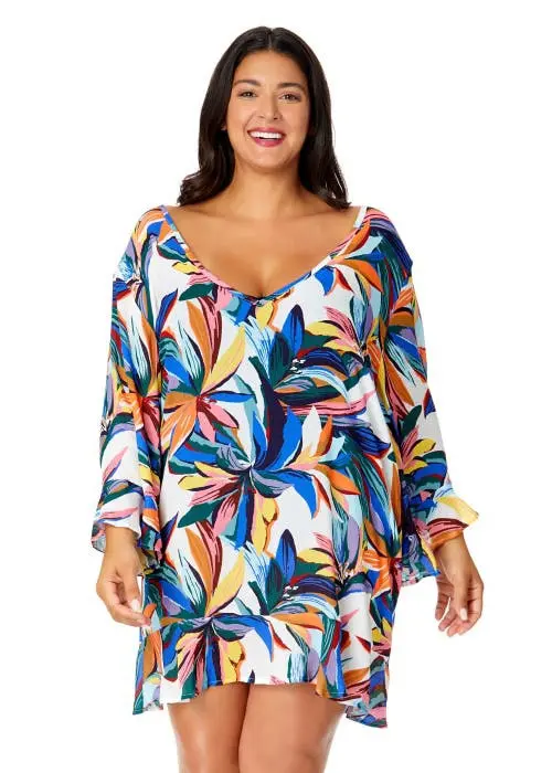 ANNE COLE Plus Flounce V Neck Tunic Swimsuit Cover Up - Riviera Floral