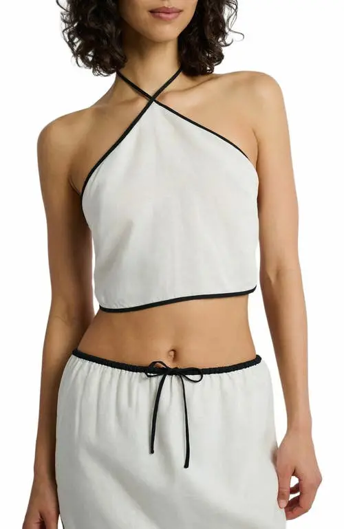 Onia Air Linen Cropped Halter Top - Egret/black