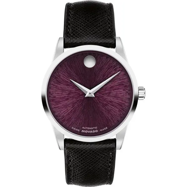Movado Museum Classic Automatic Leather Strap Watch - Purple/ Black