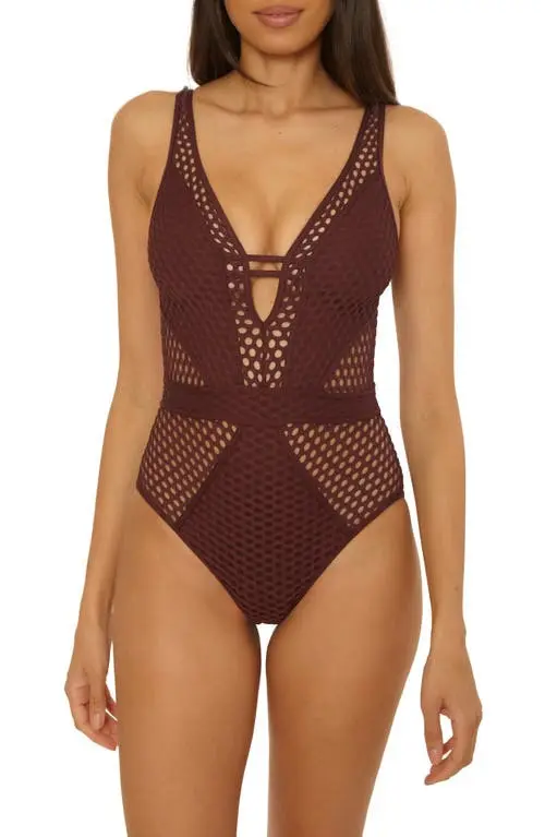BECCA® By Rebecca Virtue Castaway Fishnet Plunge One-piece Swimsuit - Brown