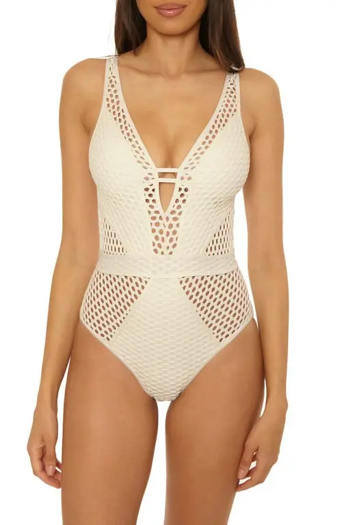BECCA® By Rebecca Virtue Castaway Fishnet Plunge One-piece Swimsuit - Ecru