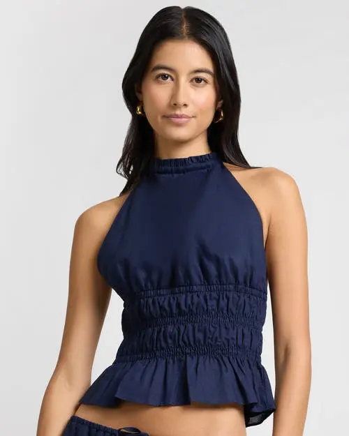 Onia Air Linen Smocked Halter Top - Noir Navy