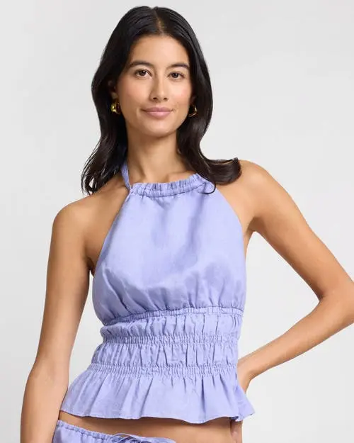 Onia Air Linen Smocked Halter Top - Periwinkle