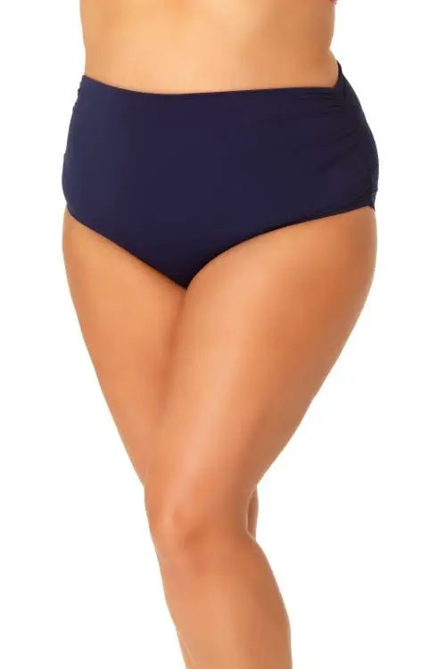 ANNE COLE High Waisted Shirred Swim Bottom - Navy