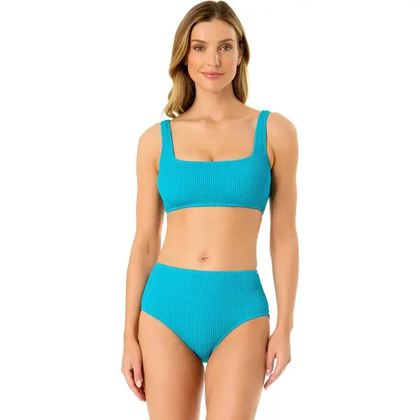 ANNE COLE Textured Classic Square Neck Bralette Bikini Top - Freshwater Turquoise
