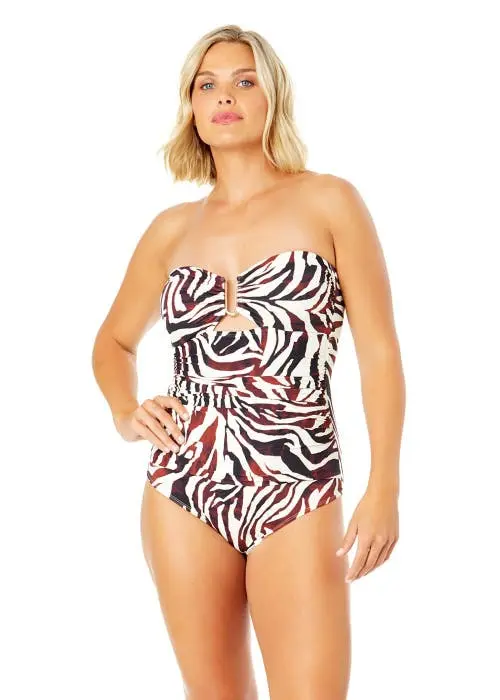 ANNE COLE Ring Front Bandeau One-piece Swimsuit - Tiger Dance