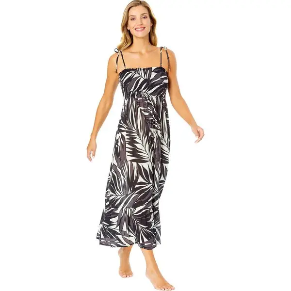 ANNE COLE Smocked Shoulder Tie Dress Cover Up - Palm Chic